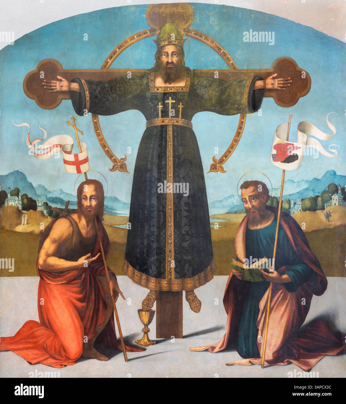Florence - The renaissance painting of Jesus on the Cross with St. John the Baptist ans St. Mark ...