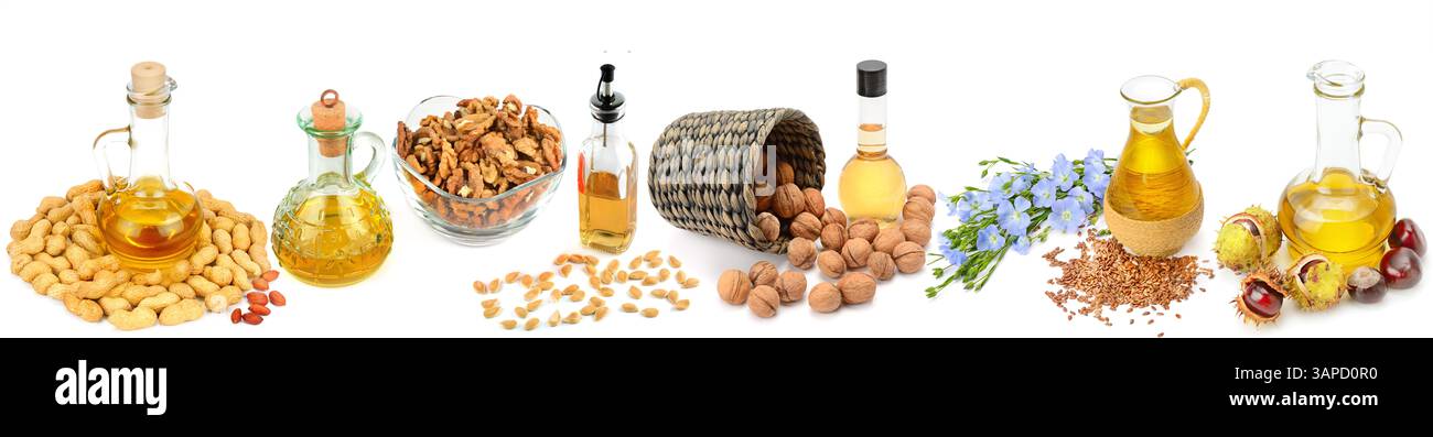 Assortment of vegetable oils in bottles Set of vegetable oils, nuts and ...