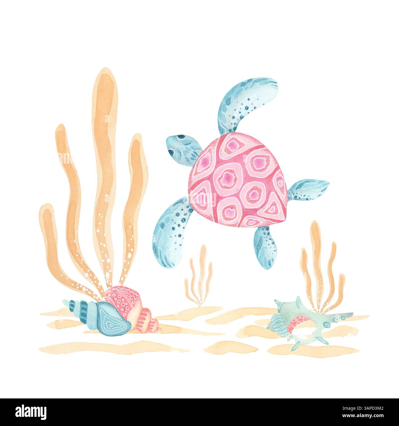 Sea turtle with ocean floor. Hand-painted watercolor turtle swimming ...
