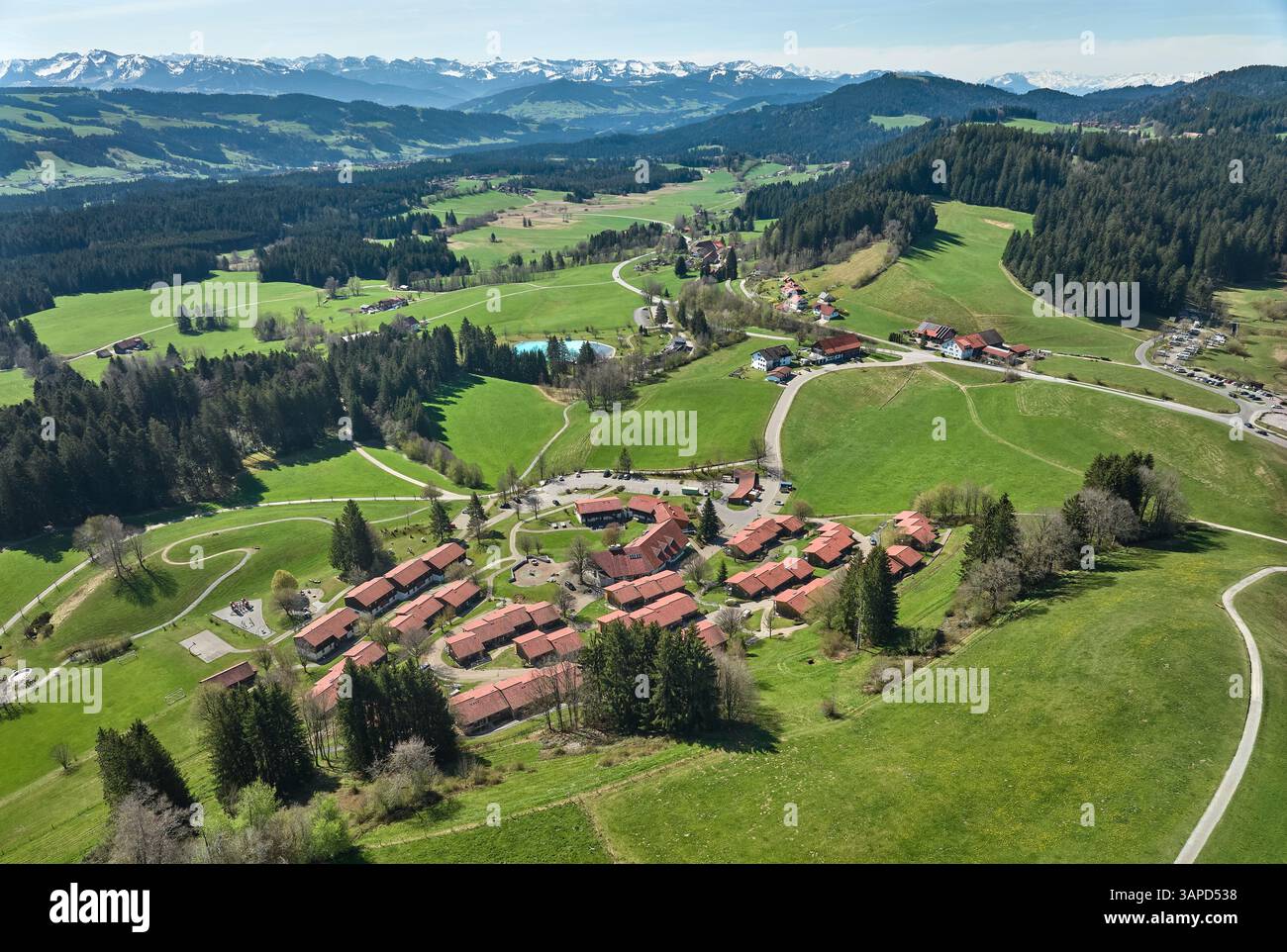 Aerial photo of the city of Scheidegg in the western Allgaeu in Bavaria ...
