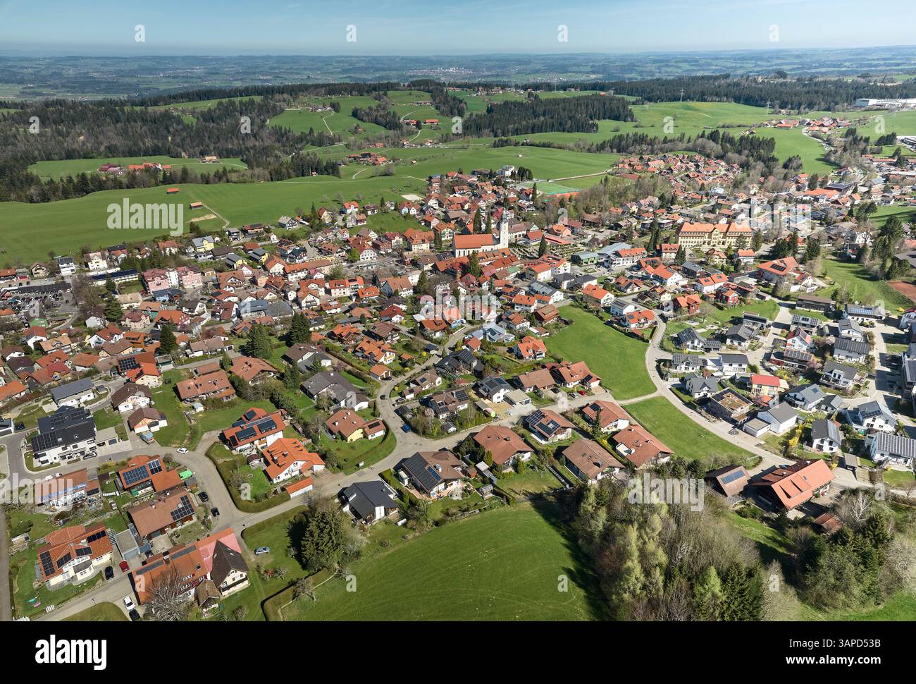 Aerial photo of the city of Scheidegg in the western Allgaeu in Bavaria ...