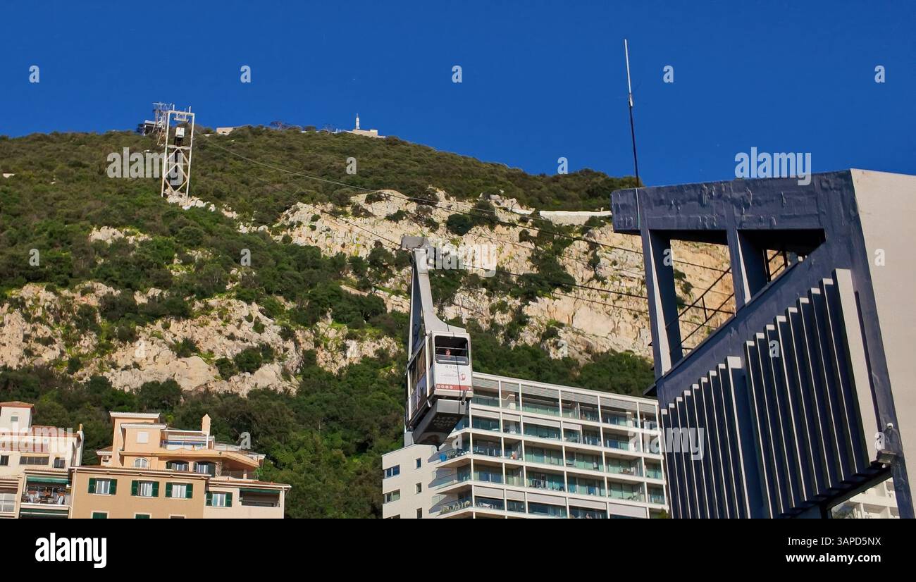 Cable car ascending the Rock of Gibraltar with its base station and ...