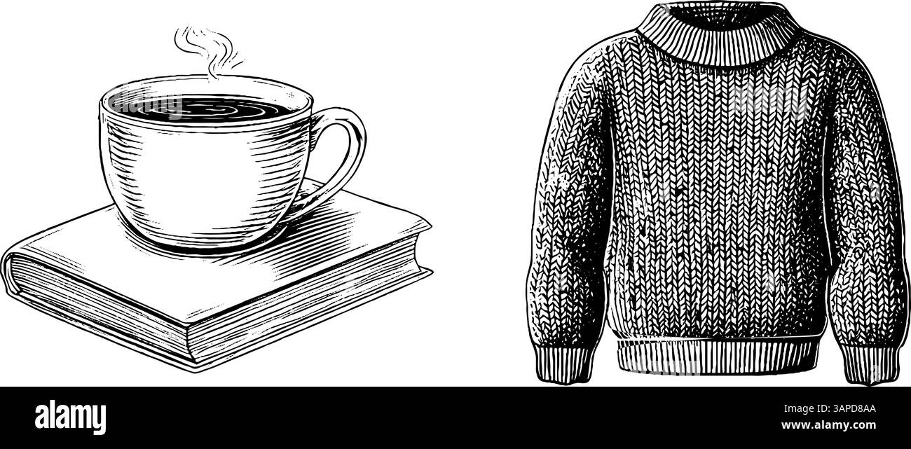 Vintage engraved winter clothing set featuring knitted hat, gloves, and ...