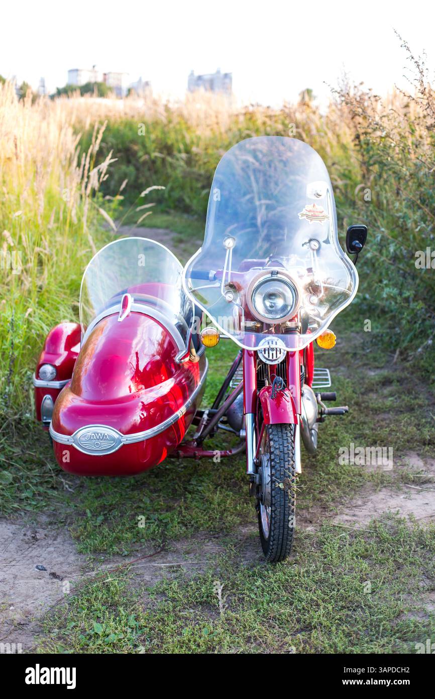 A red motorcycle with a sidecar is parked in a grassy field. The ...