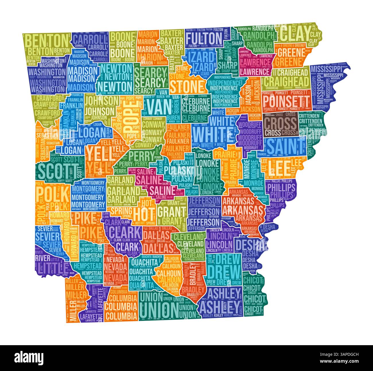 Arkansas shape. State word cloud with county division. Arkansas colored ...
