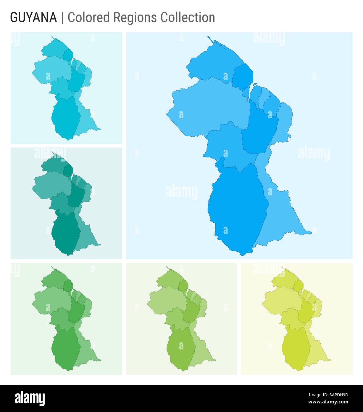 Guyana map collection. Country shape with colored regions. Light Blue, Cyan, Teal, Green, Light ...