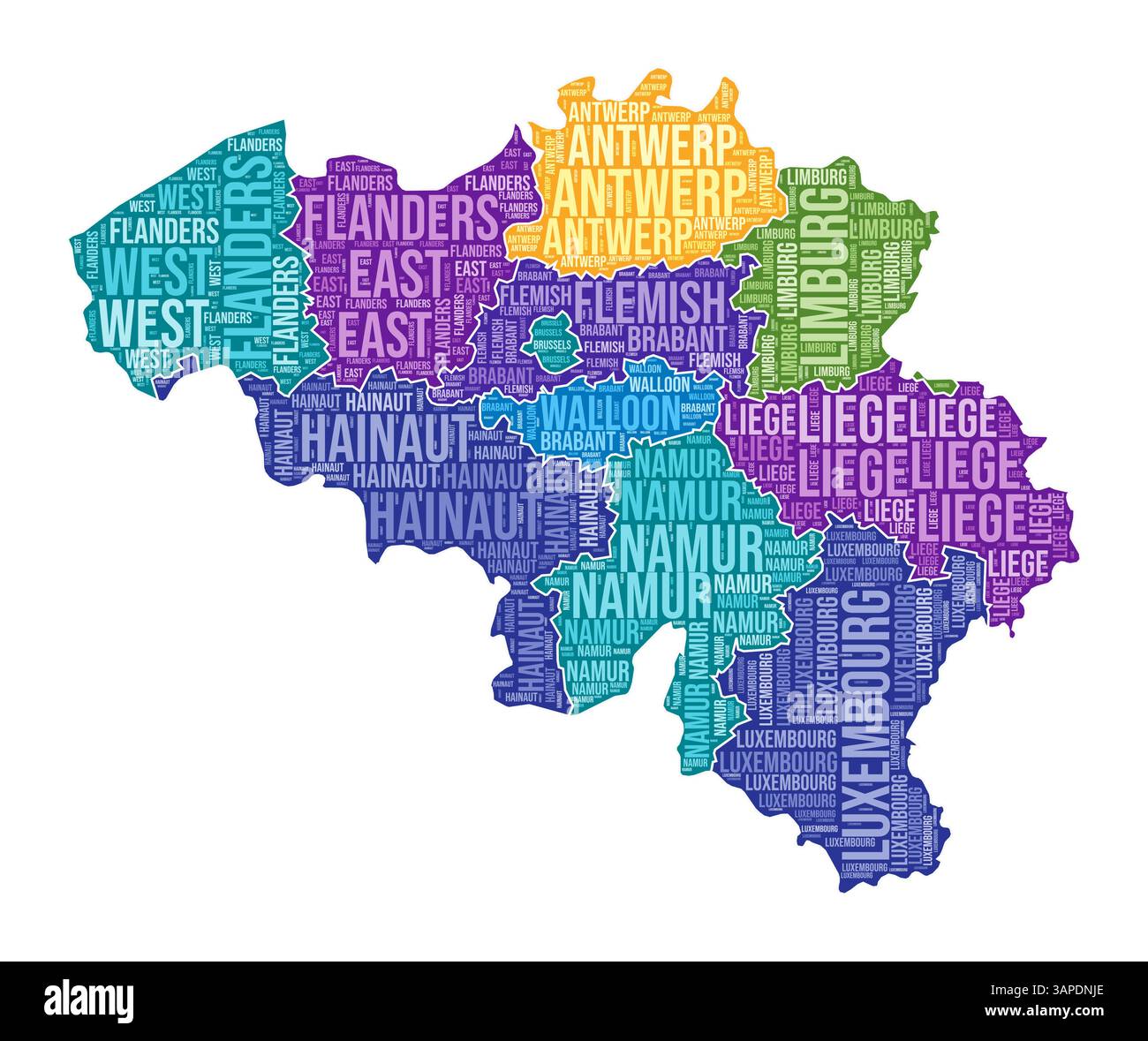 Belgium shape. Country word cloud with region division. Belgium colored ...