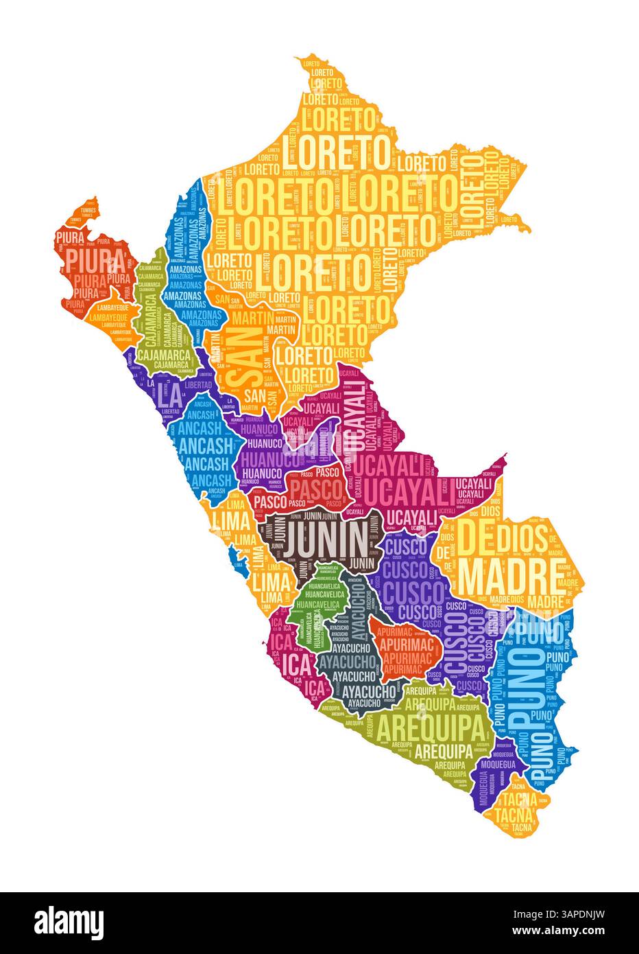 Peru shape. Country word cloud with region division. Peru colored illustration. Region names ...