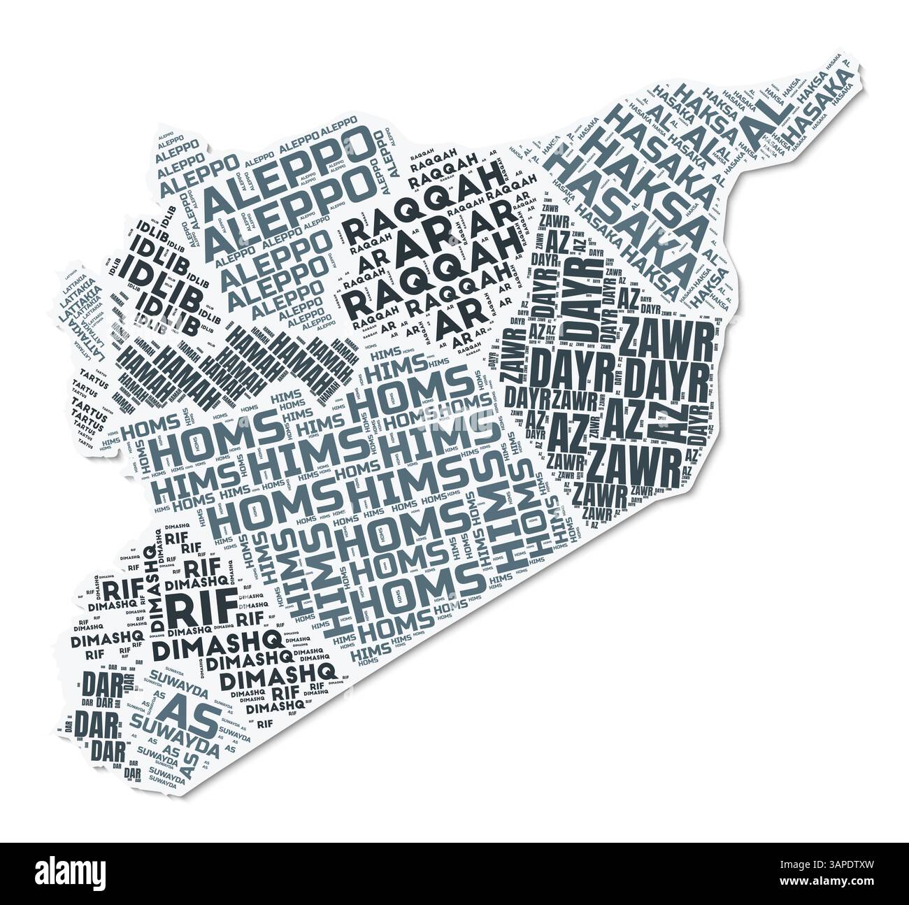 Syria shape text cloud. Country border with shadow on white background ...