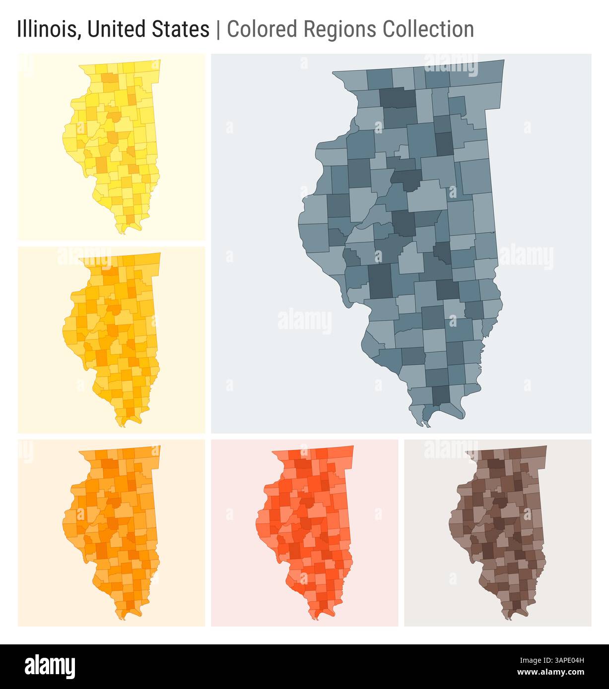 Illinois, United States. Map collection. State shape. Colored counties ...