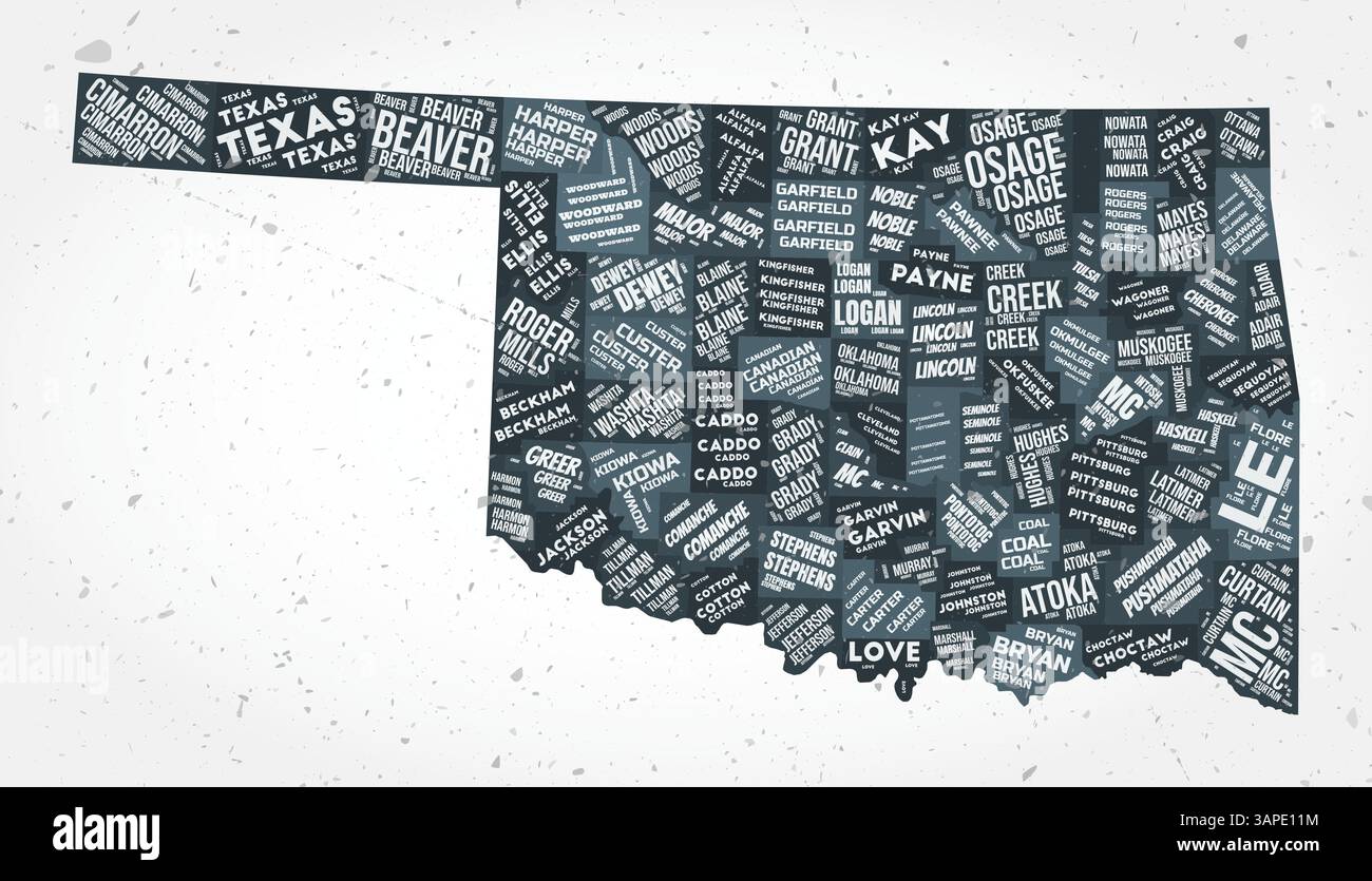Oklahoma counties word clouds. State shape on textured background ...