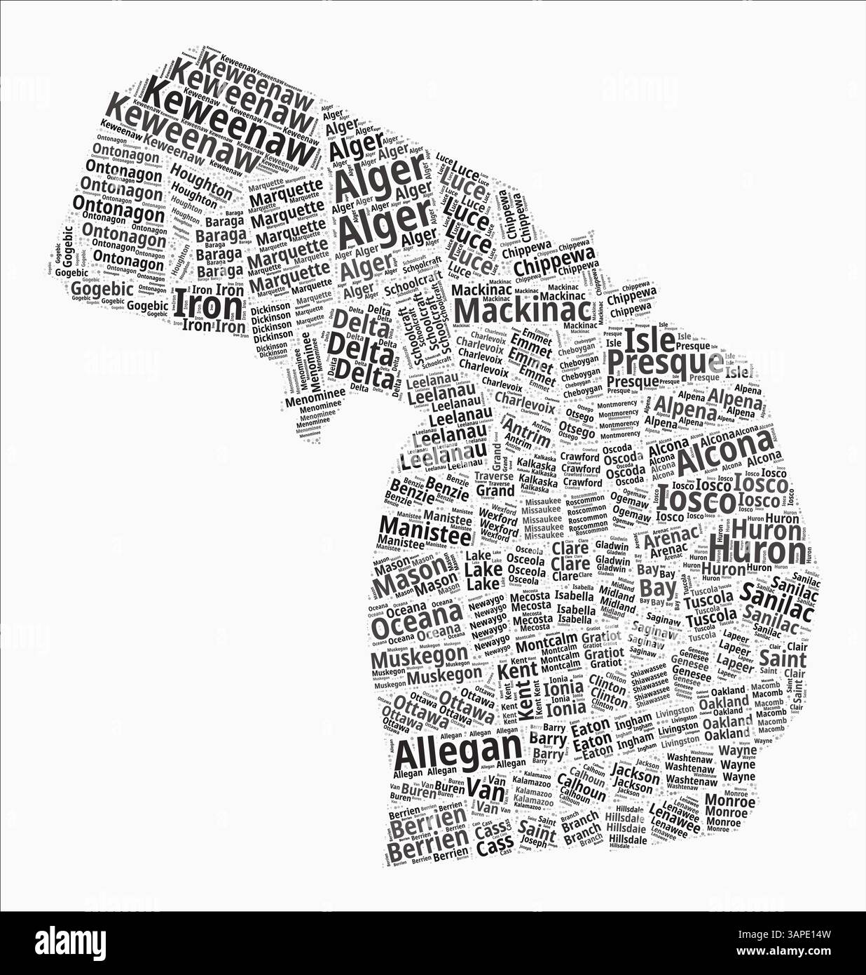 Michigan Text Style Counties. State region names word clouds in English ...