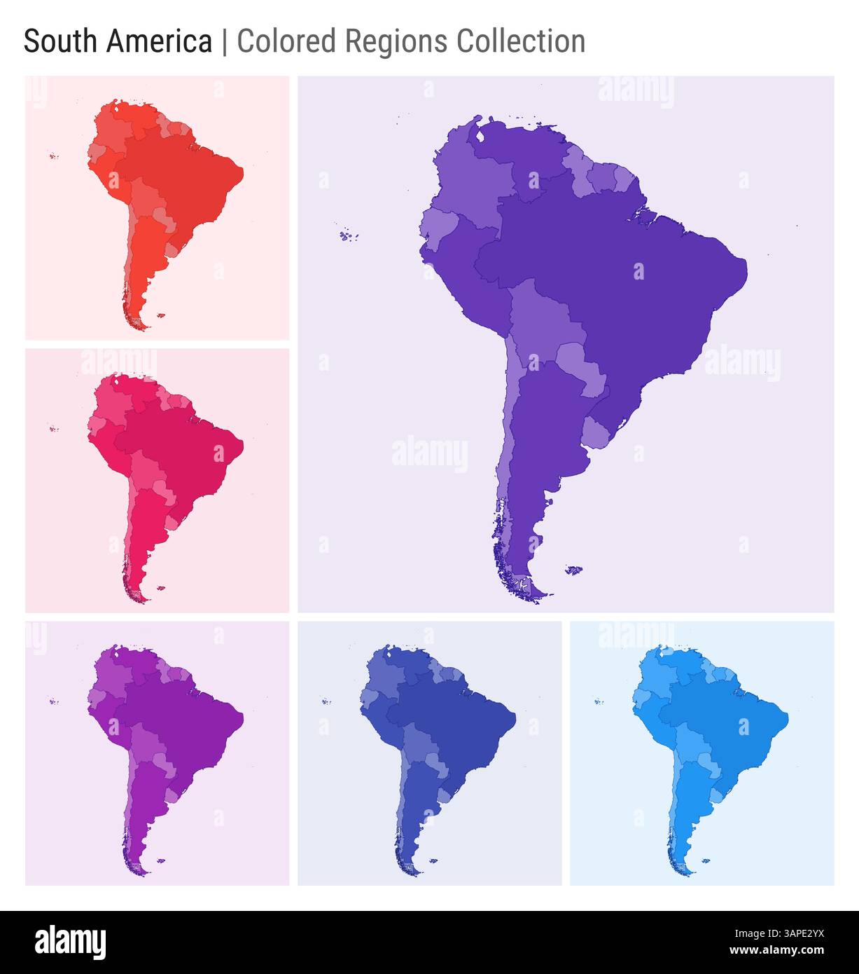 South America. Map collection. Continent shape. Colored countries. Deep ...
