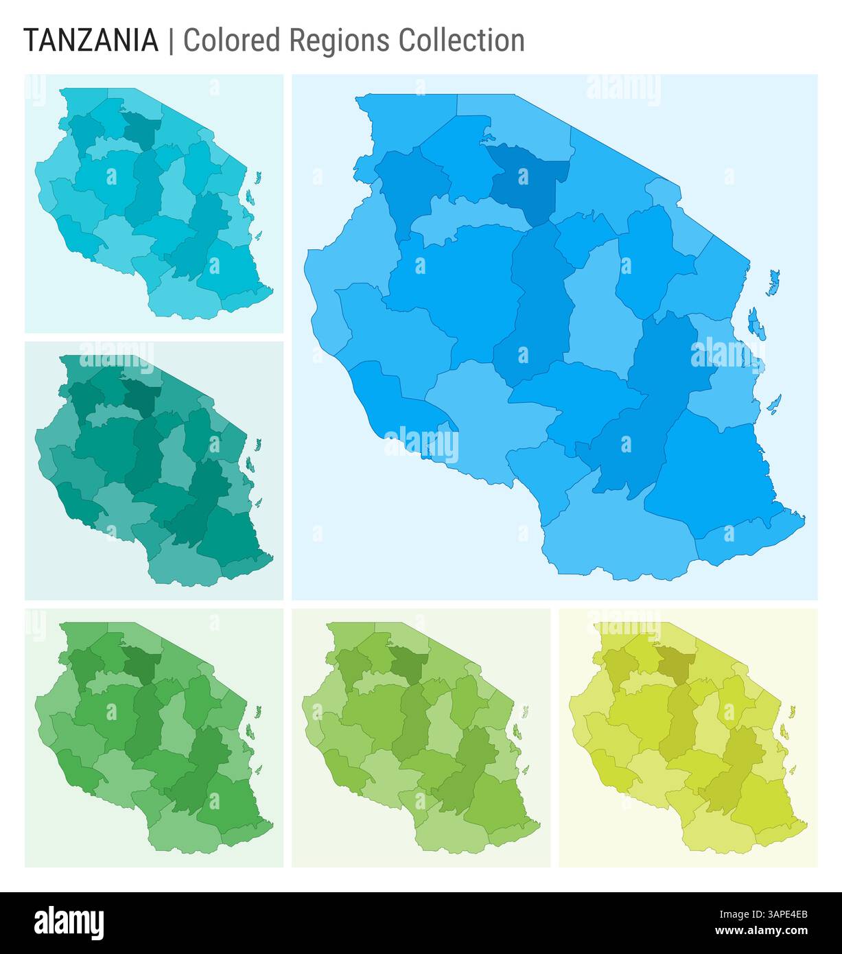 Tanzania map collection. Country shape with colored regions. Light Blue ...