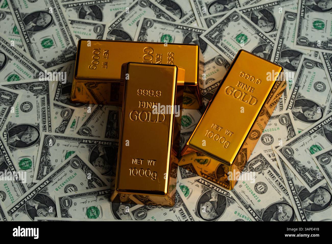 Money dollars vs gold bar. Precious metals. Saving finance in gold bar. Dollars vs gold bar ...