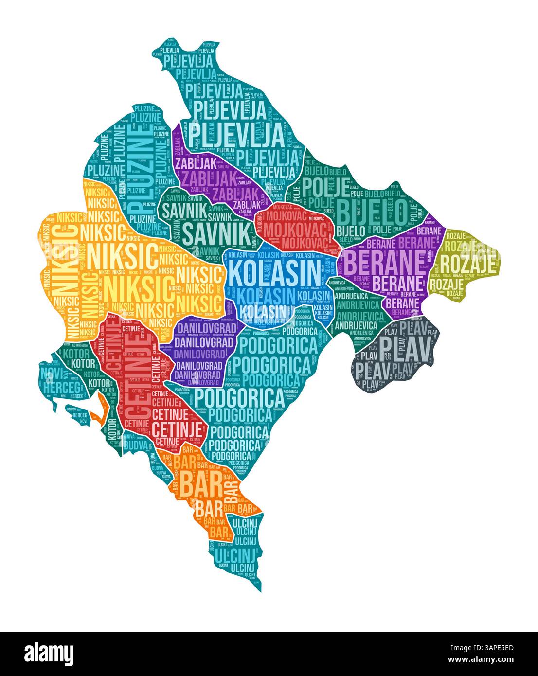 Montenegro shape. Country word cloud with region division. Montenegro ...