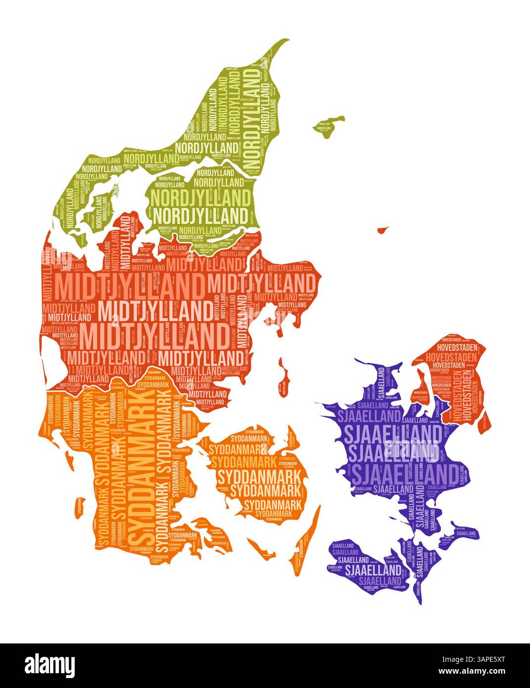 Denmark shape. Country word cloud with region division. Denmark colored ...
