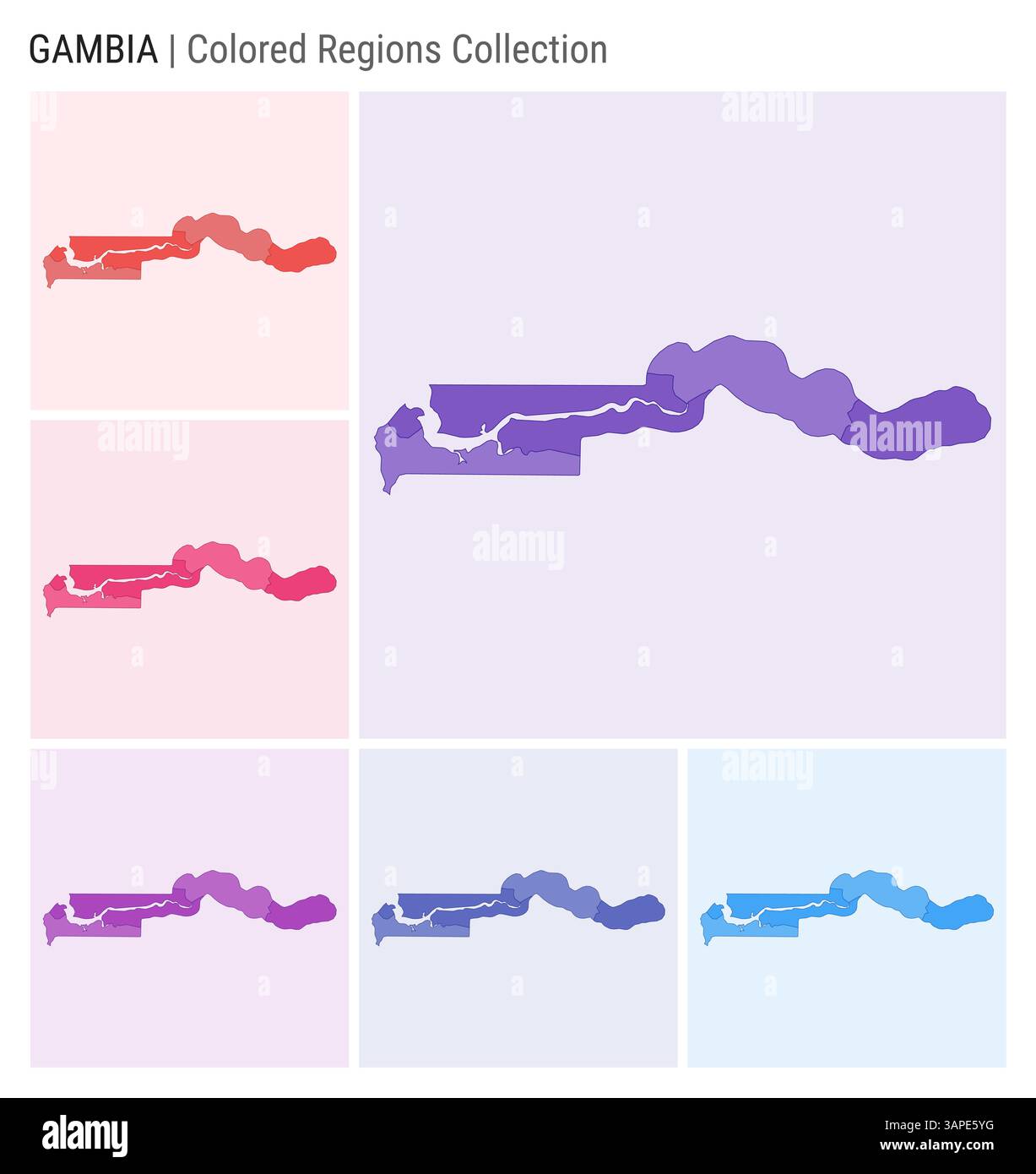Gambia map collection. Country shape with colored regions. Deep Purple, Red, Pink, Purple ...