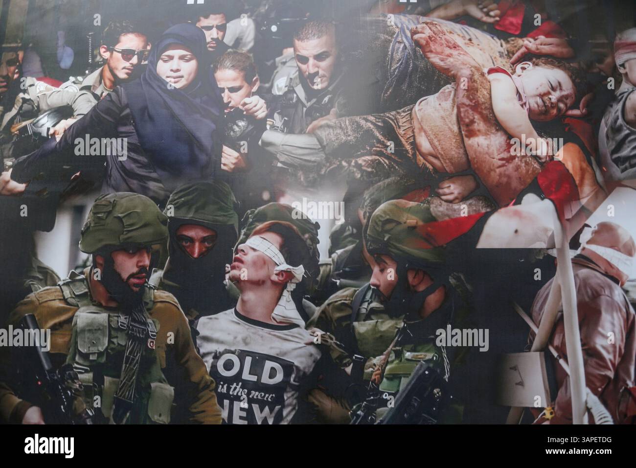 Nablus, Palestine. 16th Apr, 2025. A banner is raised on a platform in ...