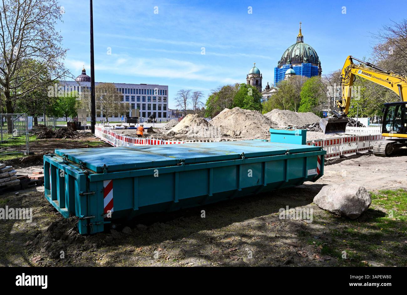 Berlin, Germany. 16th Apr, 2025. The Marx-Engels-Forum with the bronze ...