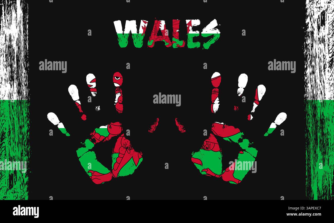 Vector flag of Wales in the form of peaceful palms with text and brush ...