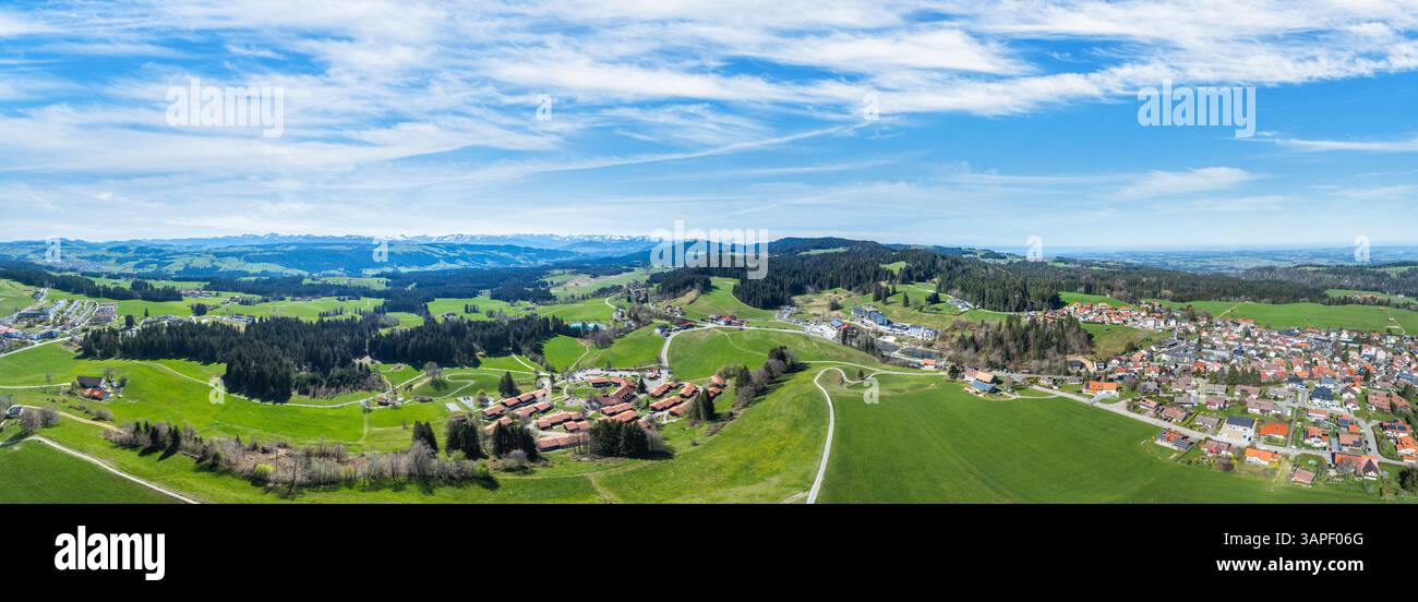 Aerial photo of the city of Scheidegg in the western Allgaeu in Bavaria ...