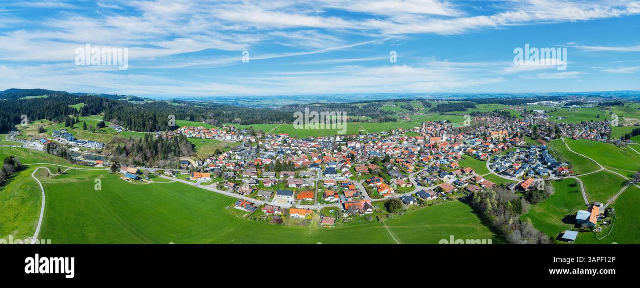 Aerial photo of the city of Scheidegg in the western Allgaeu in Bavaria ...