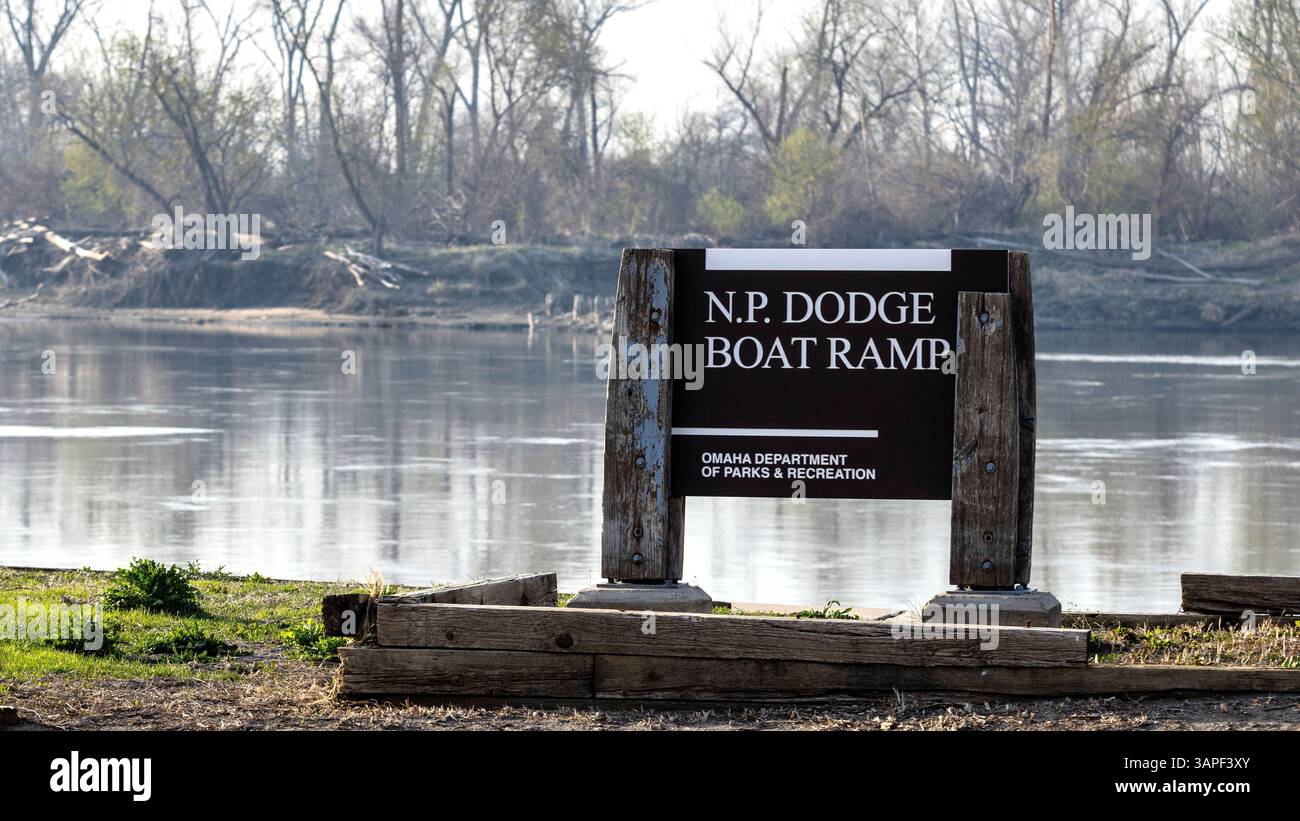 The sign for the N.P. Dodge Park boat ramp, on Wednesday, April 16 ...