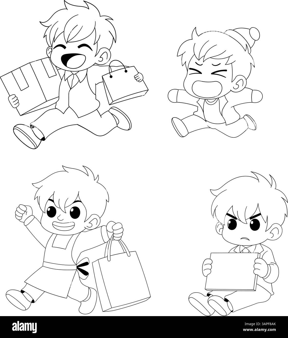 Set of cute cartoon boy characters in black and white line art, showing ...