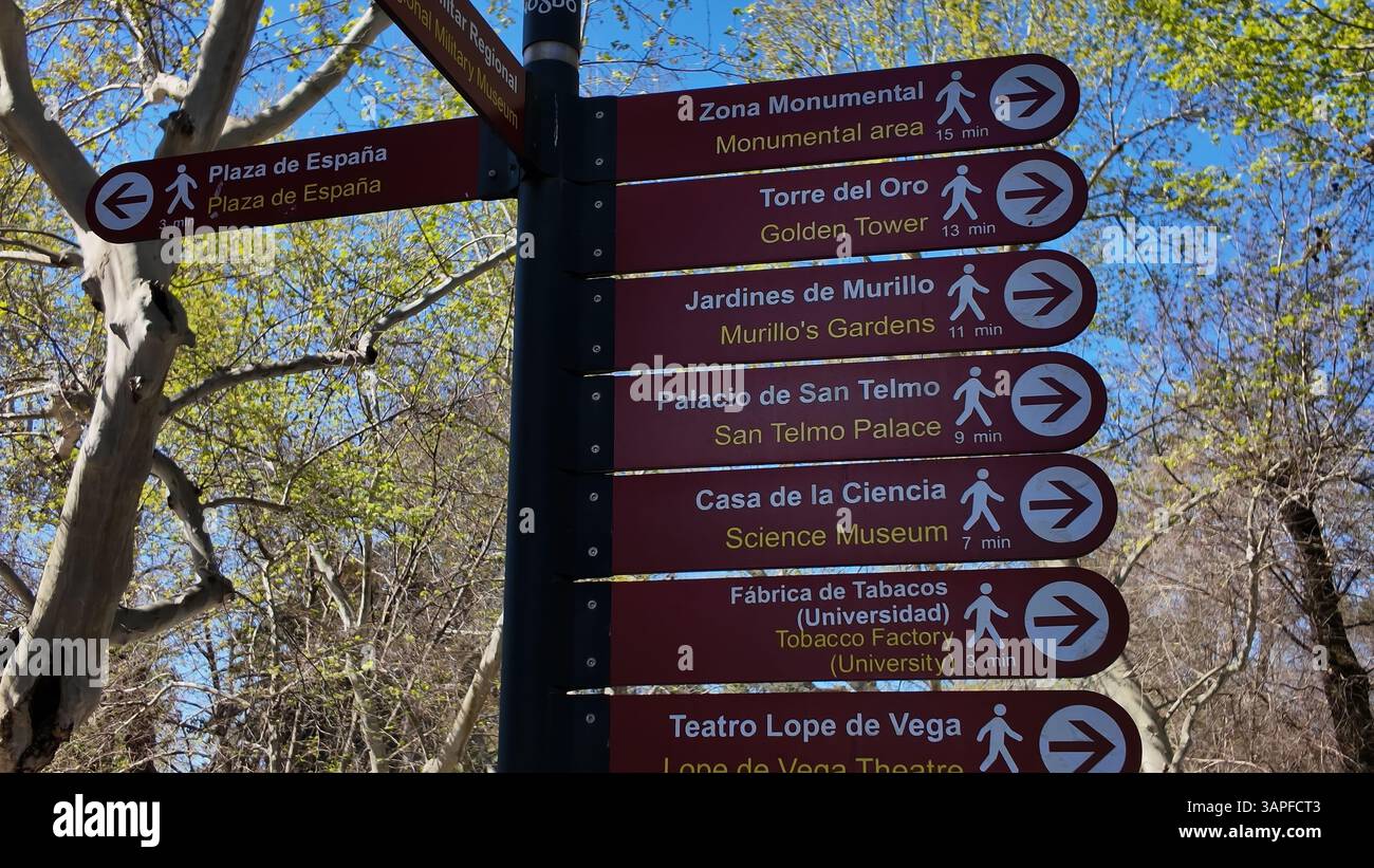 Brown tourist signpost showing directions and walking times to famous ...