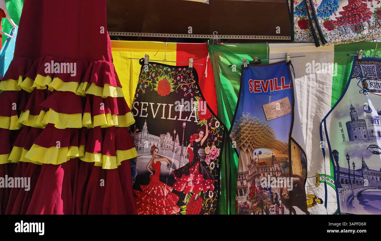 Colorful flamenco dress and aprons showcasing Seville landmarks and ...