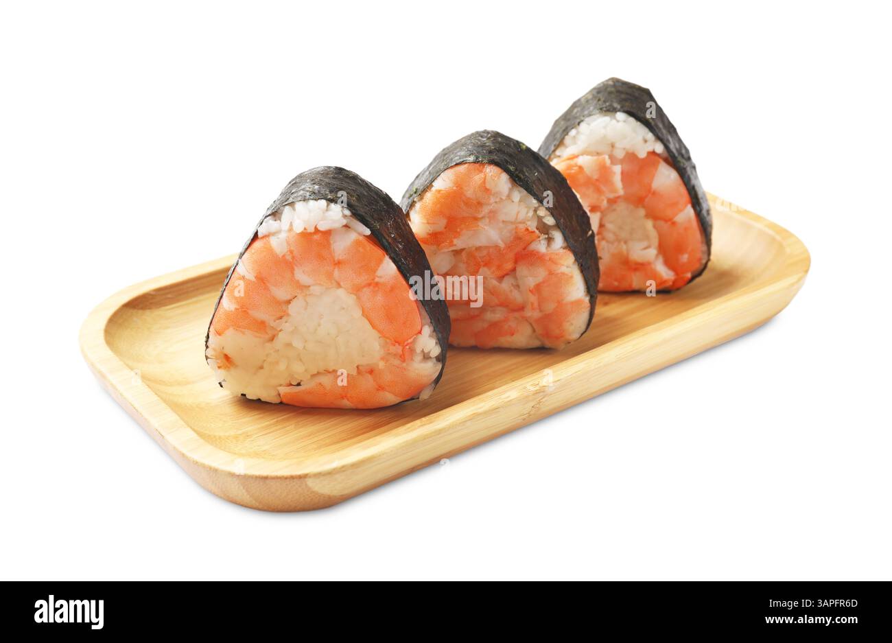 Tasty onigiri (Japanese rice balls) with shrimps on white background ...