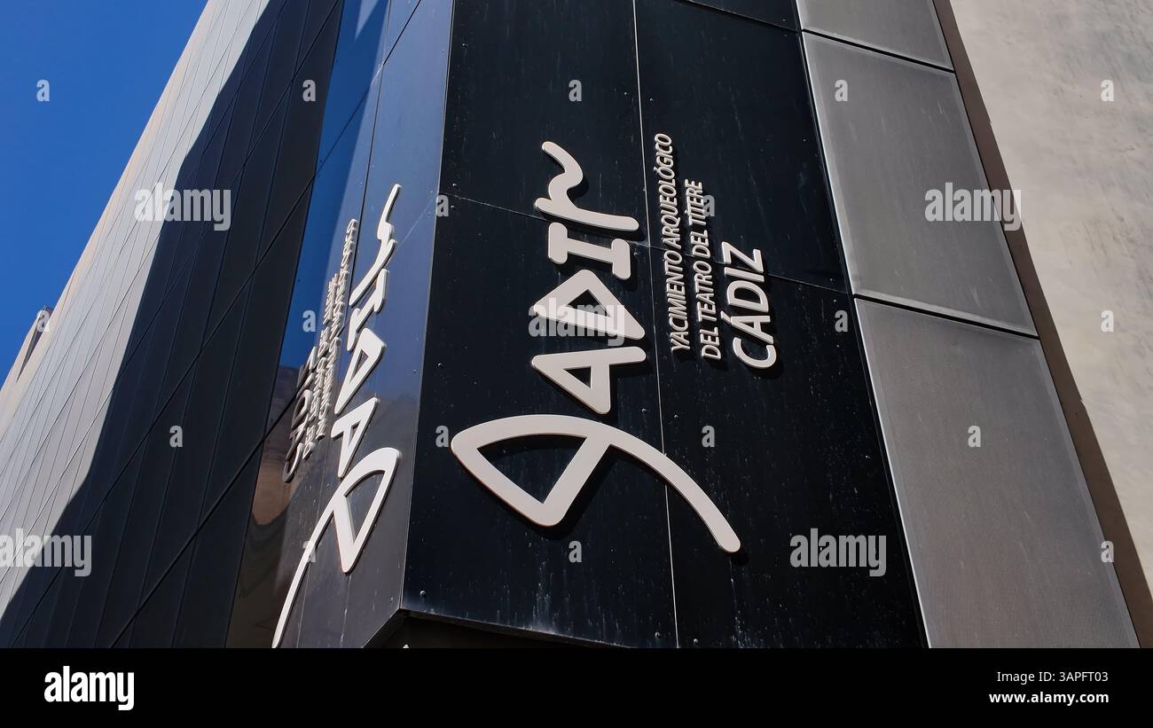 Museum signage of the Cadiz Roman Theatre archaeological site in Cadiz ...