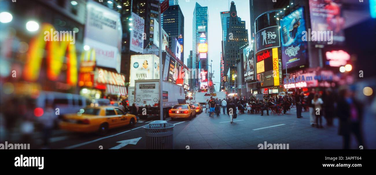 Panoramic street scene at dusk, Times Square, Manhattan, New York City ...