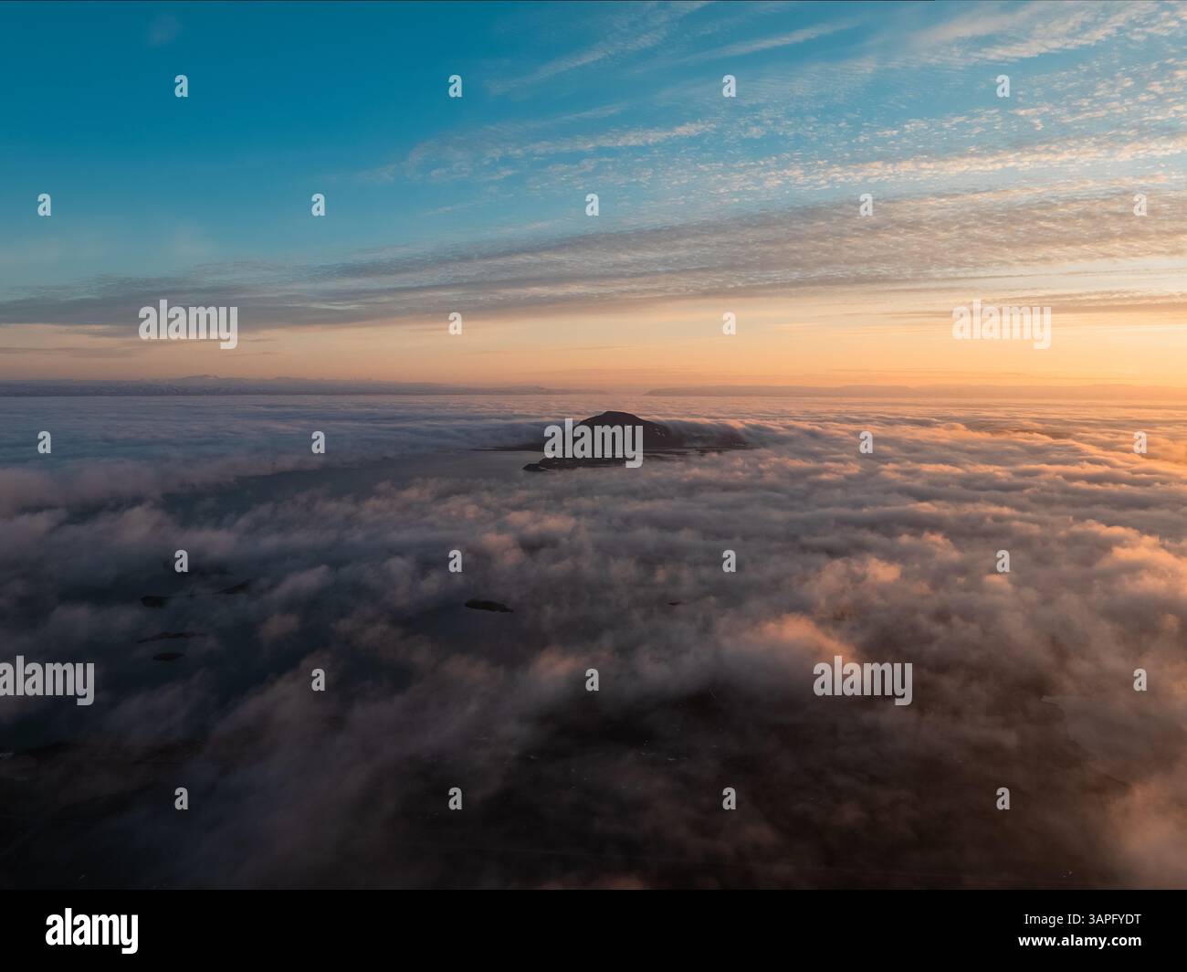 View from above, stunning aerial view of Hverfjall volcano at sunset ...
