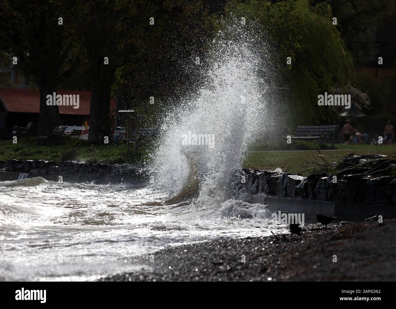 Starker Wind mit Wellen, Wellengang, Gischt, spritzendes Wasser am Ufer ...