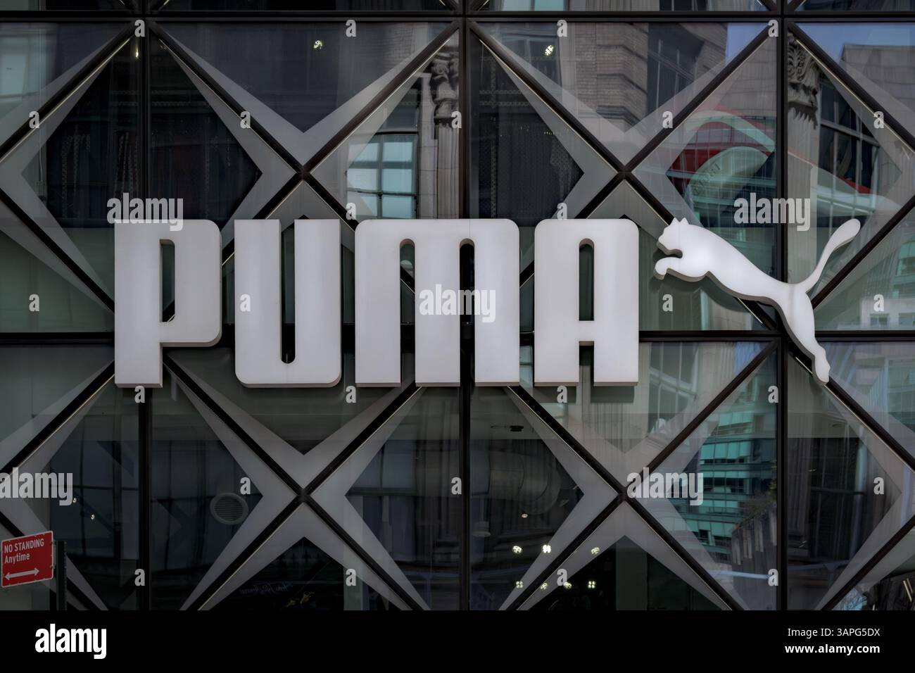 USA. 15th Apr, 2025. Sign at the entrance to the Puma store in Midtown ...