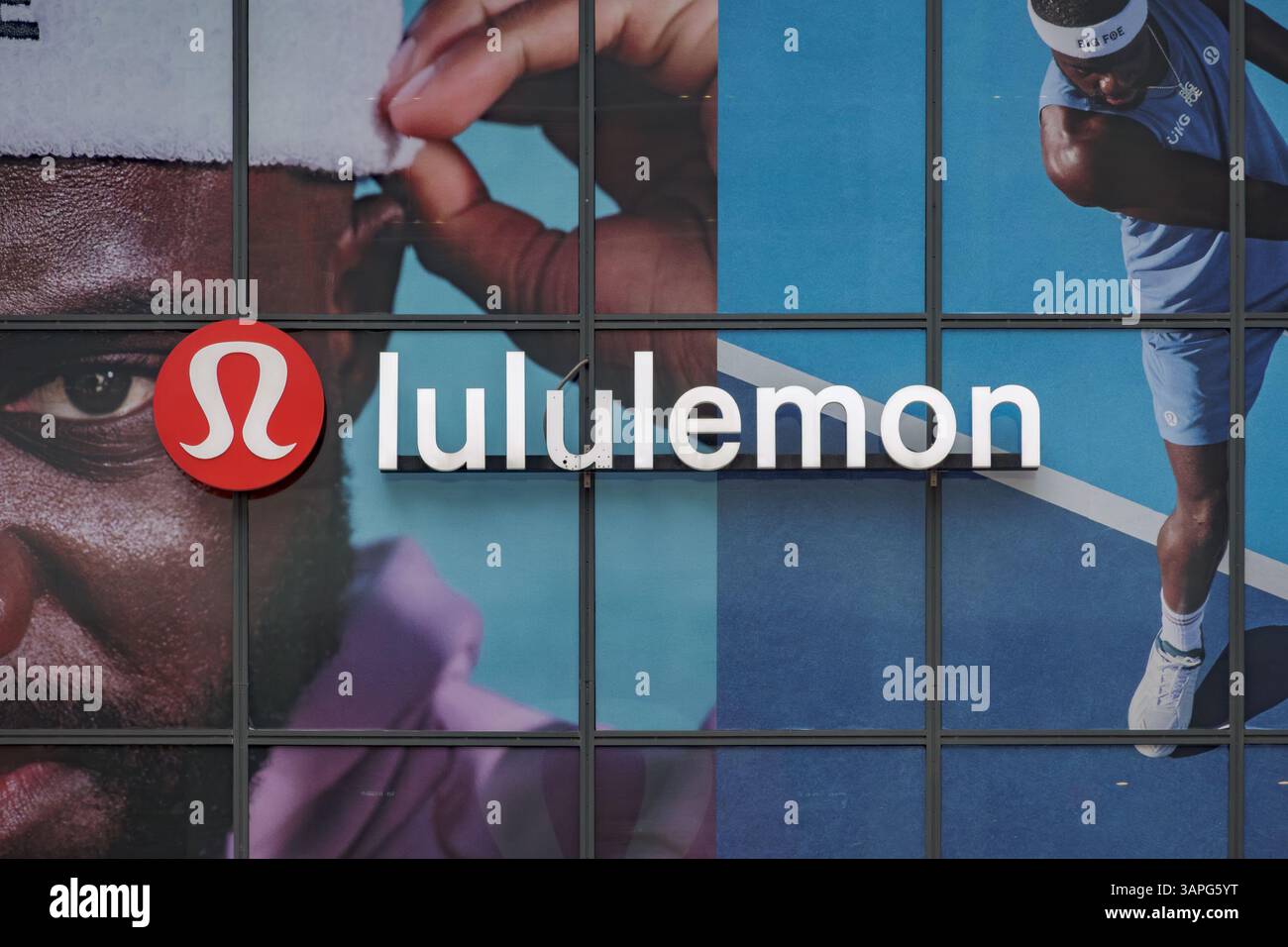 USA. 15th Apr, 2025. Sign at the entrance to the Lululemon store in ...