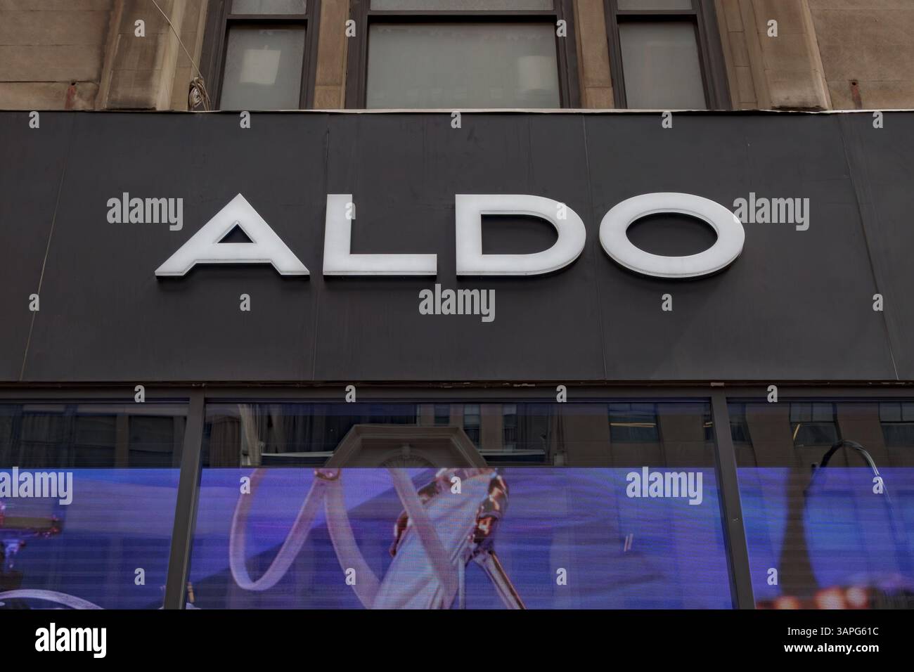 USA. 15th Apr, 2025. Sign at the entrance to the Aldo store in Midtown ...