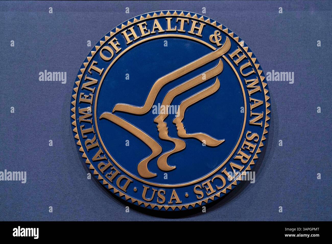 The Health and Human Services seal is seen before the news conference ...