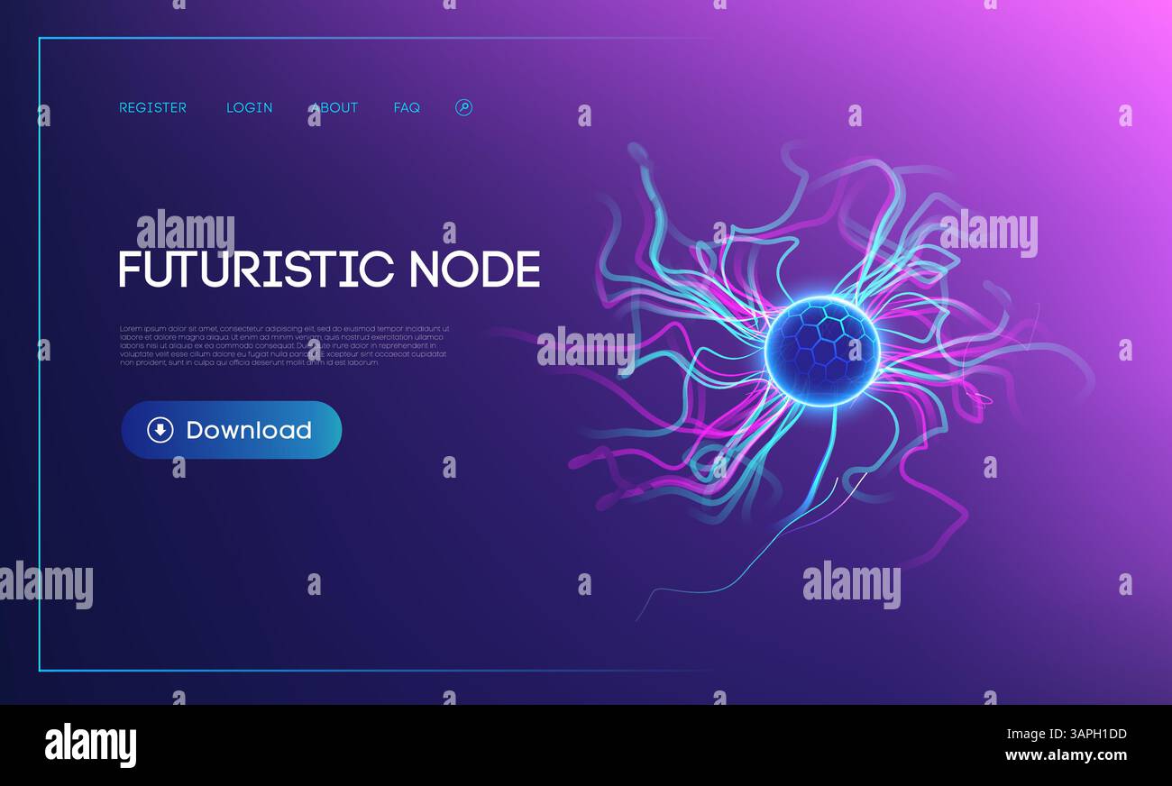 Futuristic node concept with glowing blue energy sphere, abstract ...