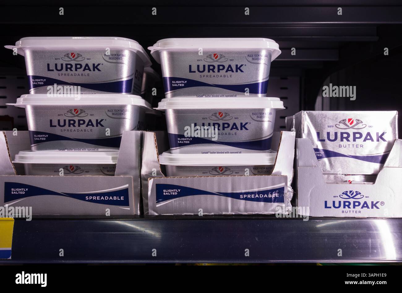 Lurpak Spreadable slightly salted butter plastic cartons on a ...