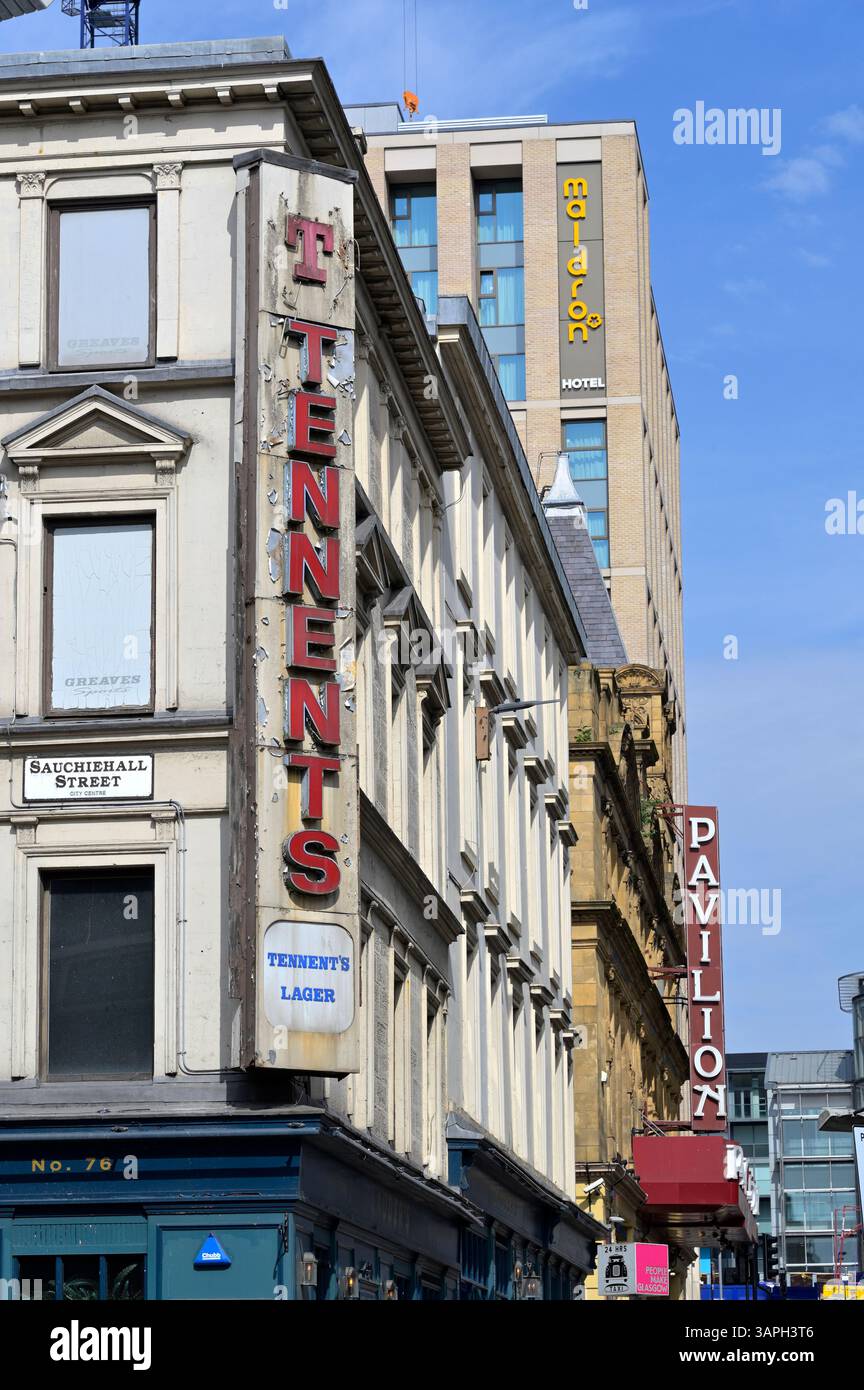 An old Tennents Lager sign above Lauder's Bar on the junction of ...