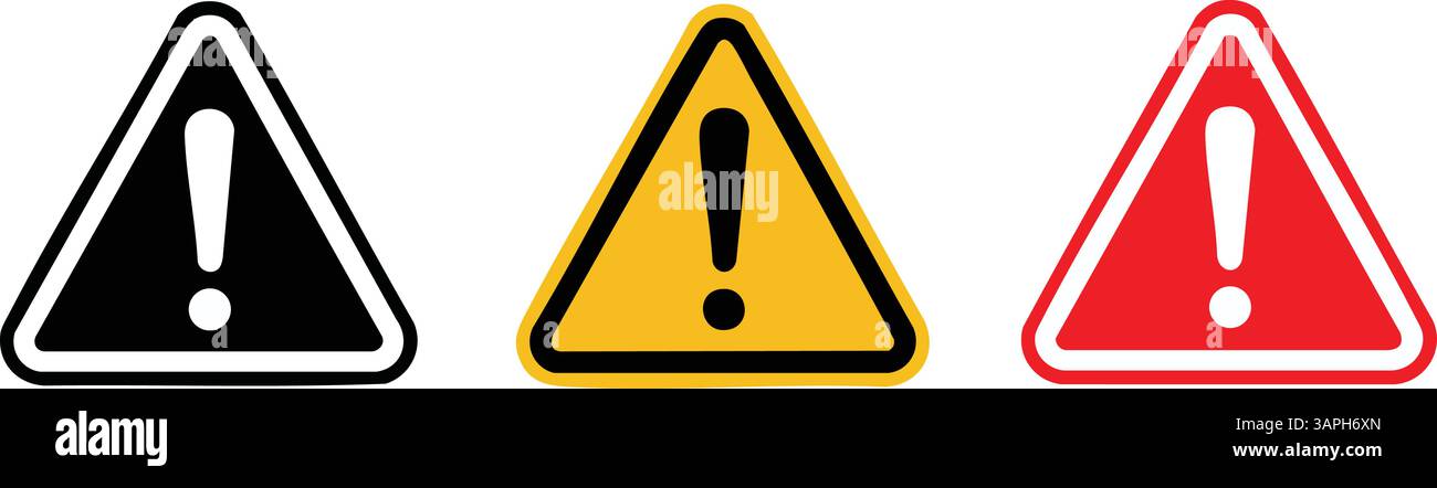 Set of warning icons – black, yellow, and red triangular caution signs ...