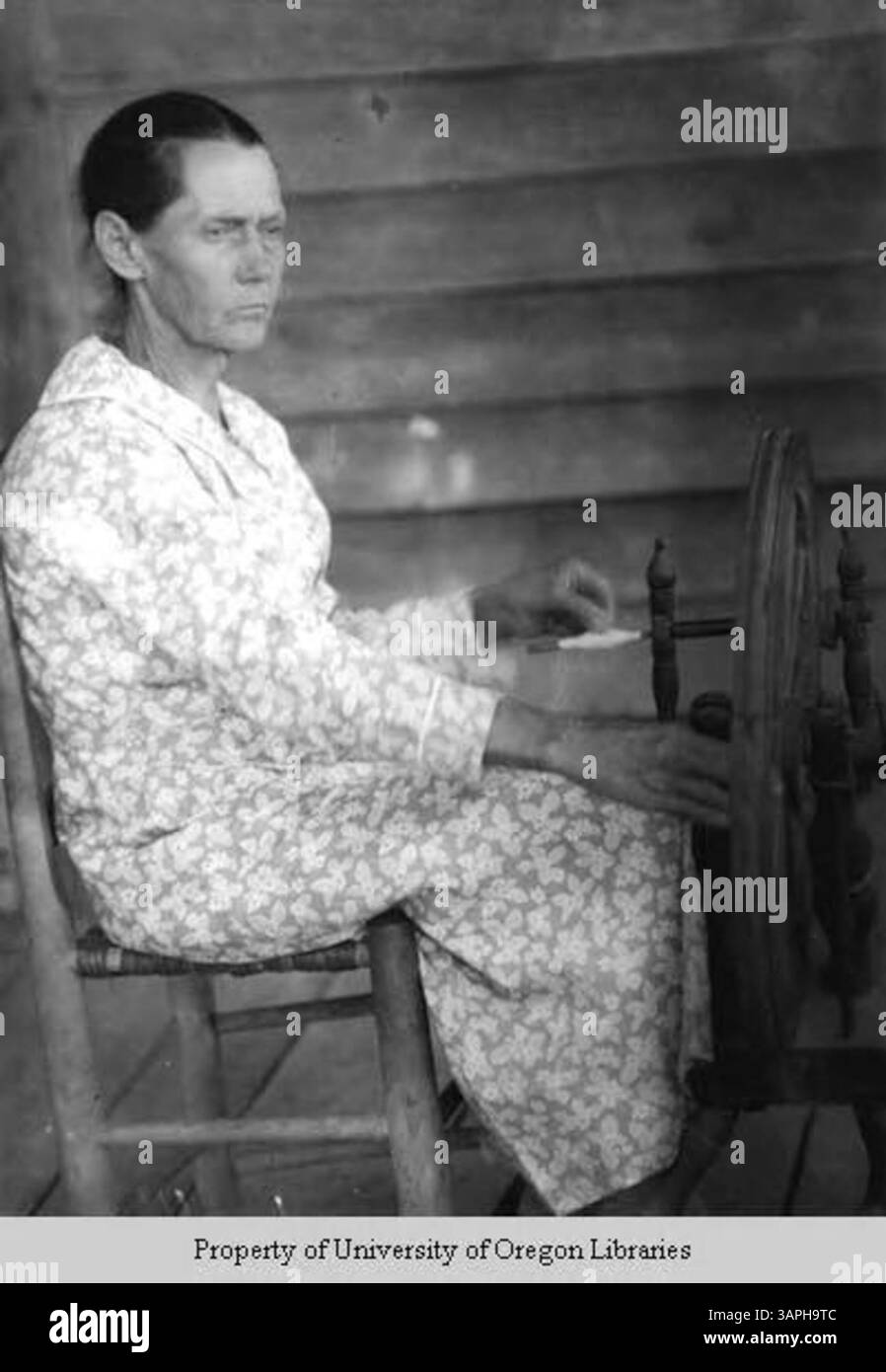 This photograph depicts Mary Willmott, a spinner, weaver, and quilter ...