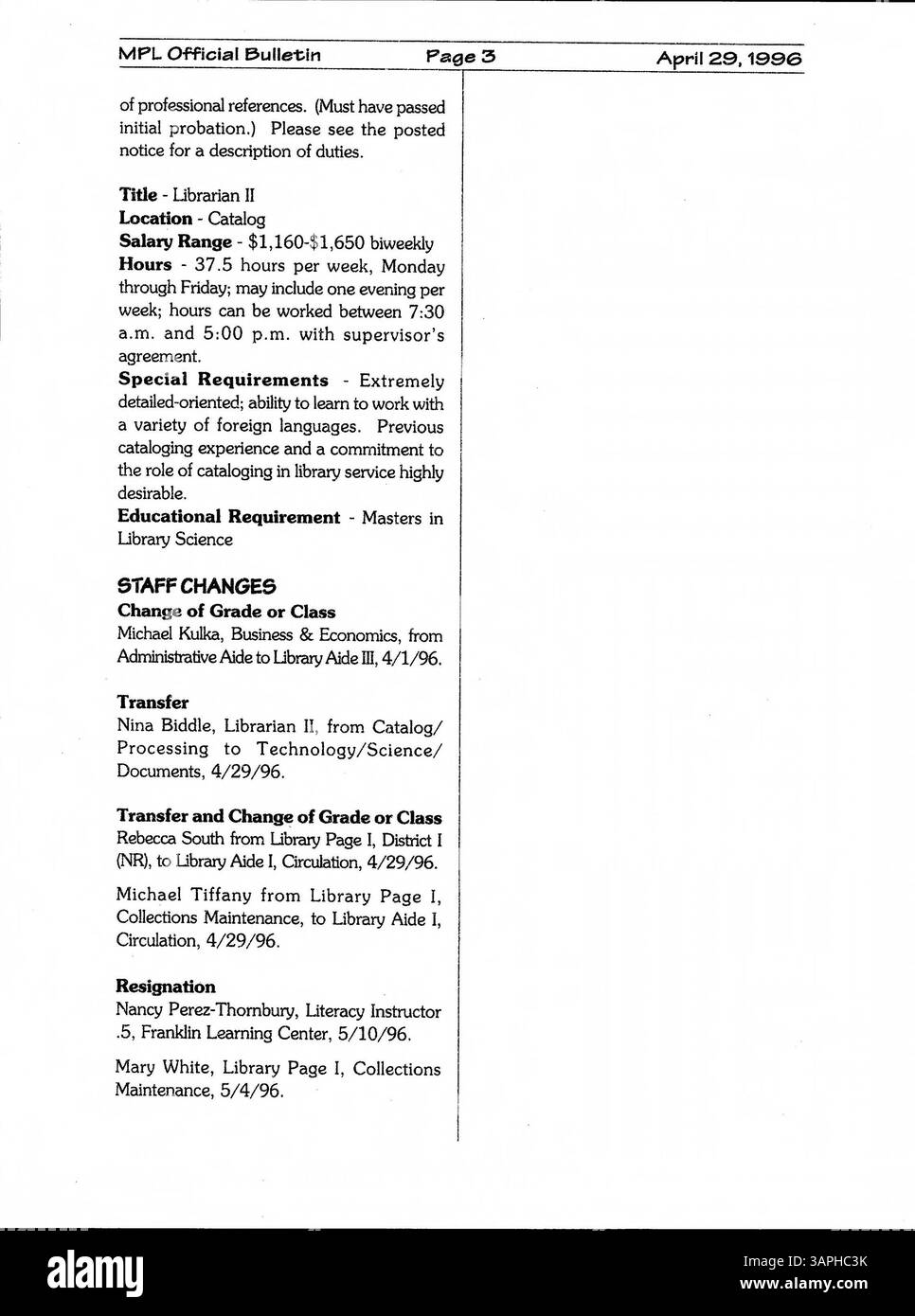 This weekly bulletin from 1996 provides updates and news for employees ...