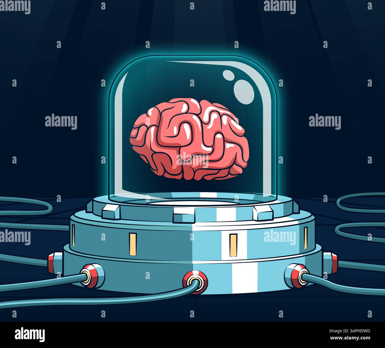 Brain in a futuristic containment chamber with technological elements ...