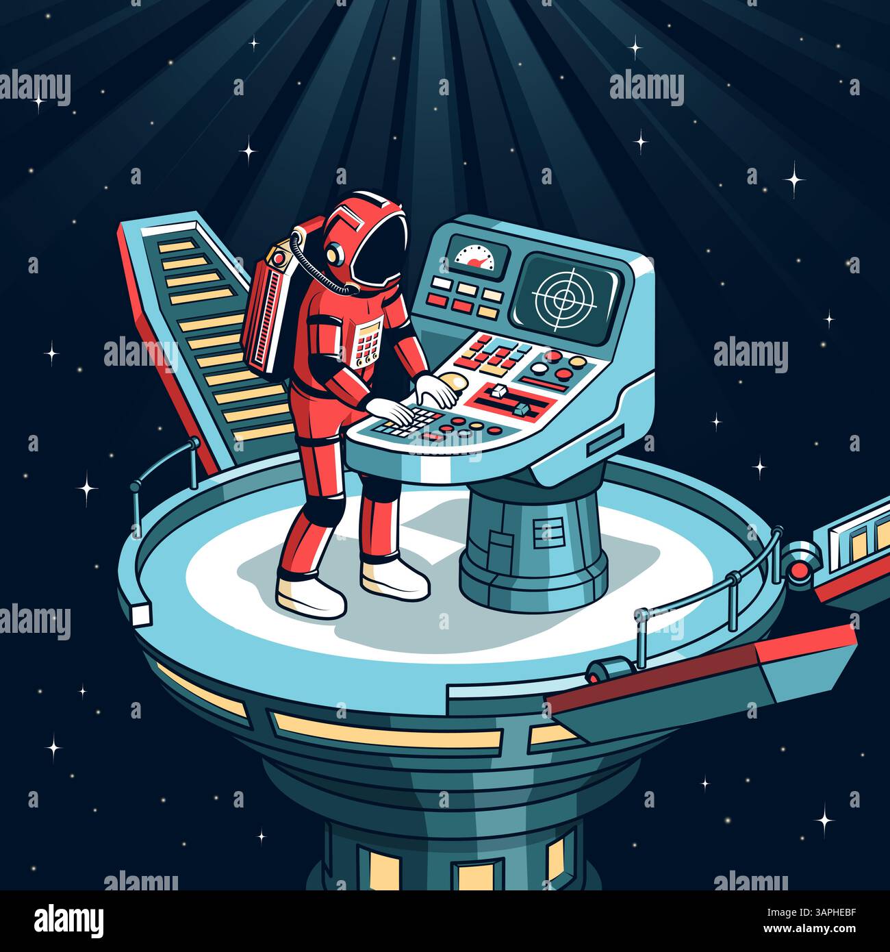 Astronaut operating control panel on a futuristic spacecraft in deep ...