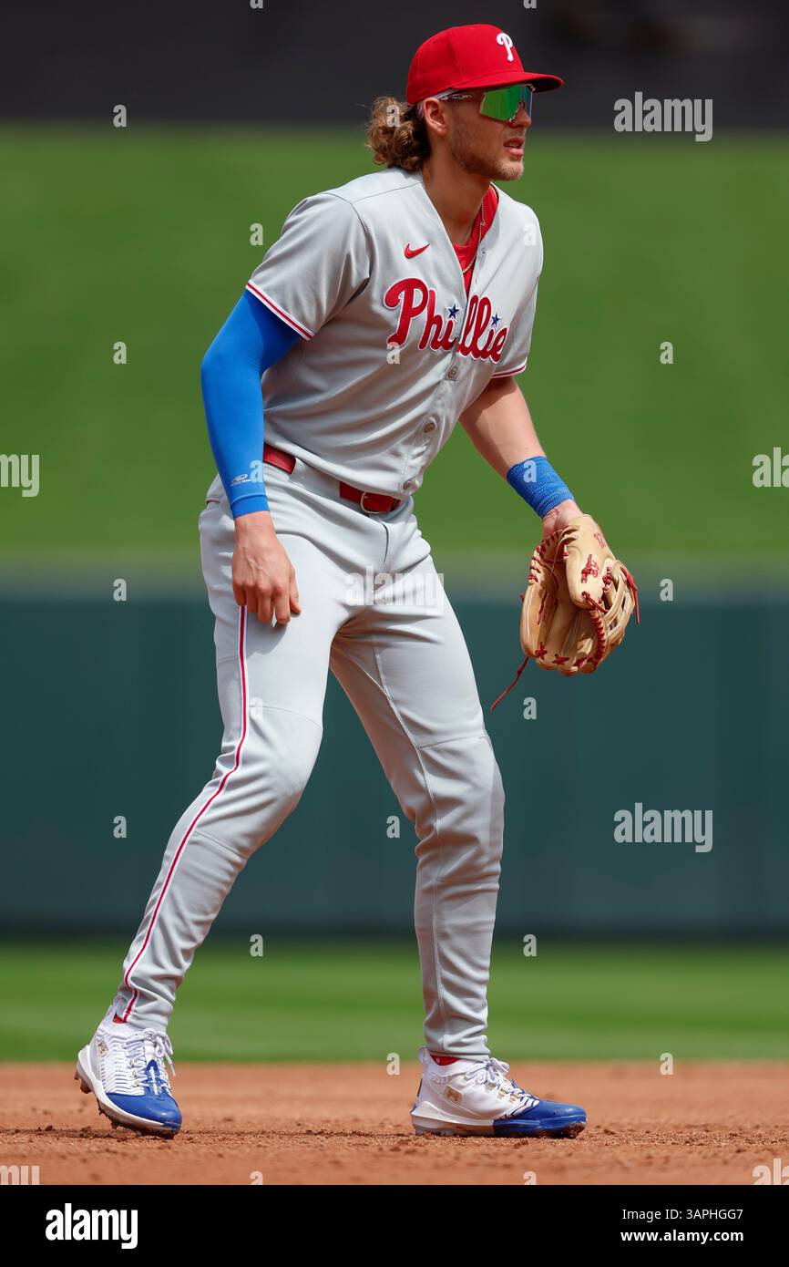 Alec Bohm #28 of the Philadelphia Phillies in defensive position at ...