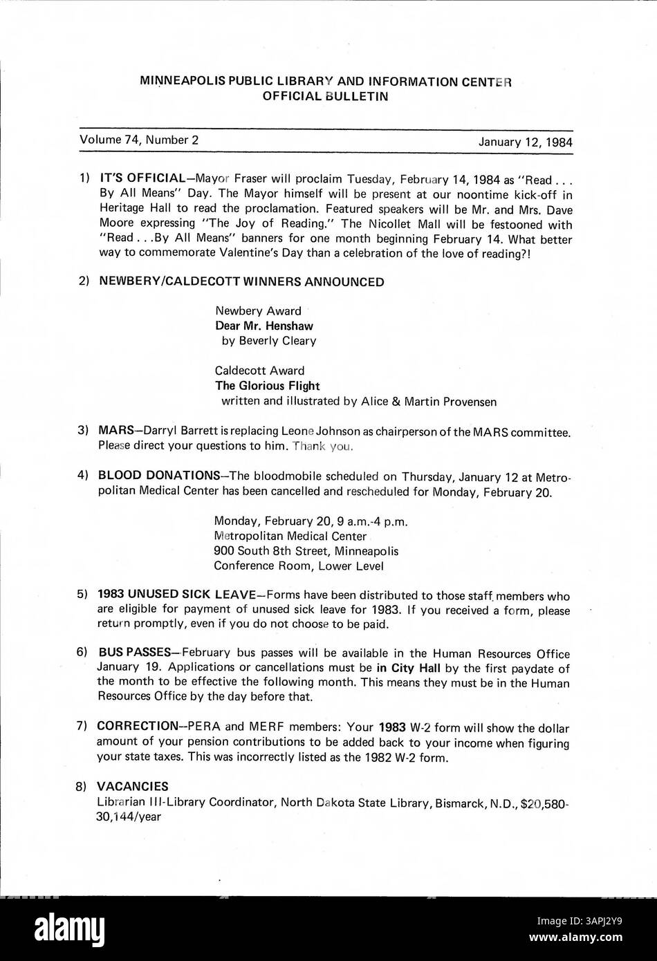The 1984 Minneapolis Public Library Official Bulletin provides weekly ...